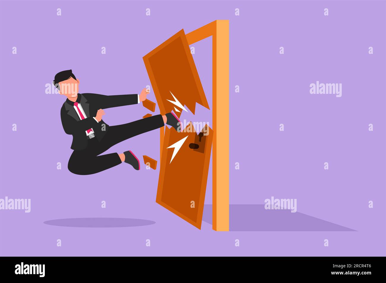 Character flat drawing of young businessman kicks the door with flying ...