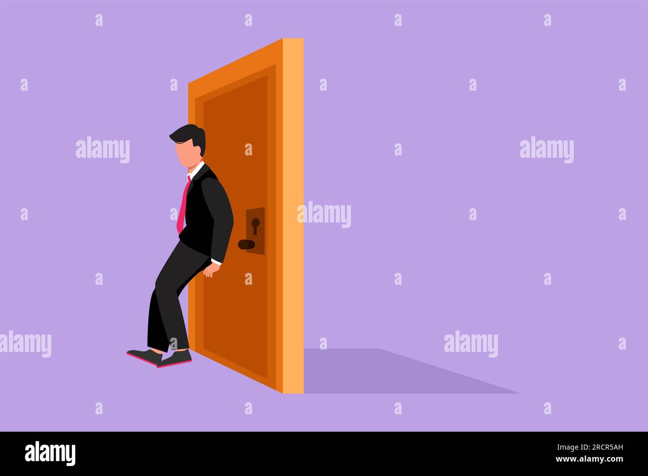 Graphic flat design drawing young businessman pushing door with his ...