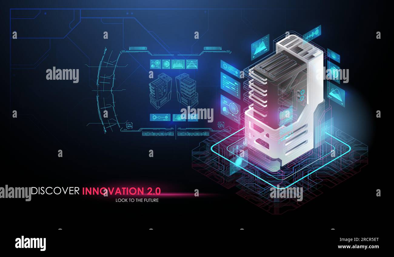 Artificial intelligence and robotic quantum computing processor concept. Creative isometric ...