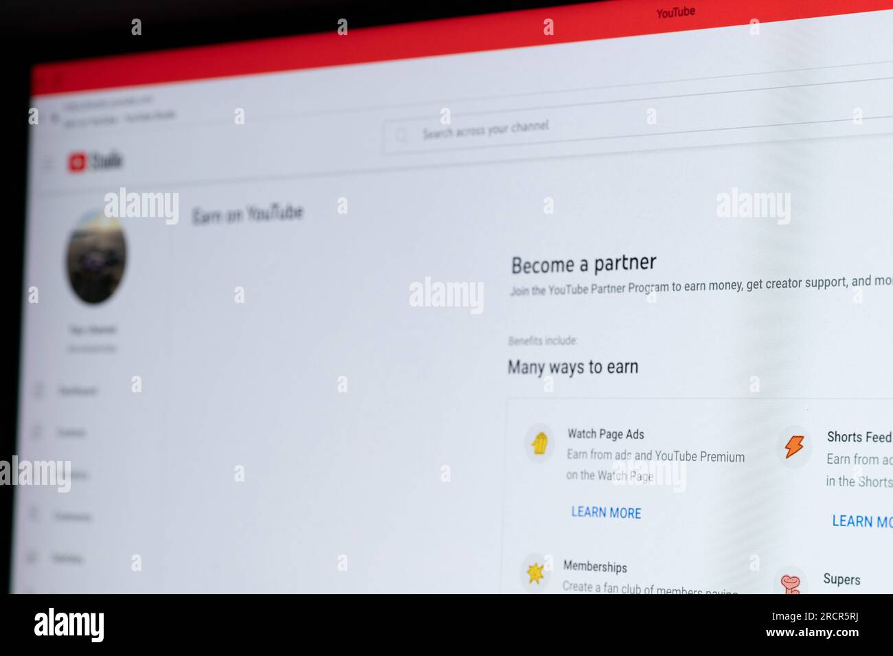 New York, USA - June 17, 2023: Become partner in youtube menu close up ...