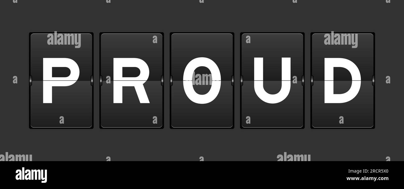 Black color analog flip board with word proud on gray background Stock ...