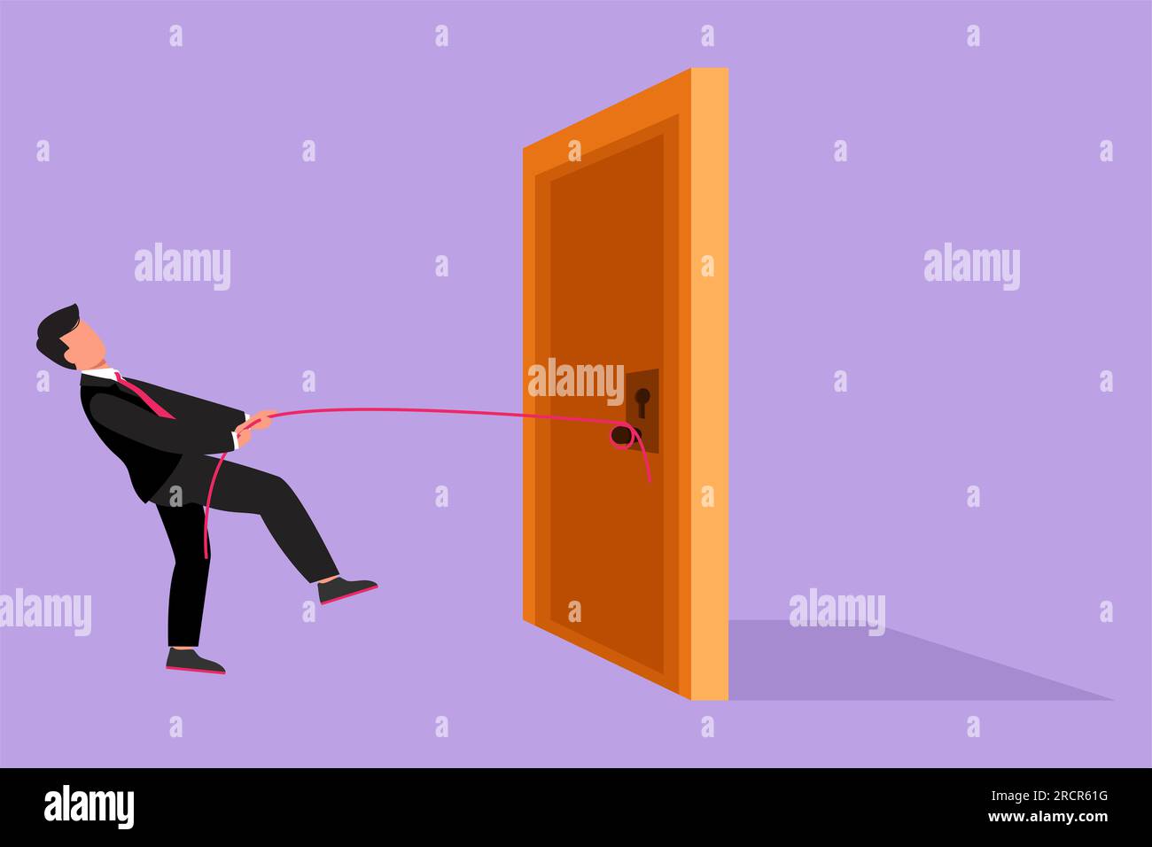 Graphic flat design drawing young businessman pulling door with rope ...