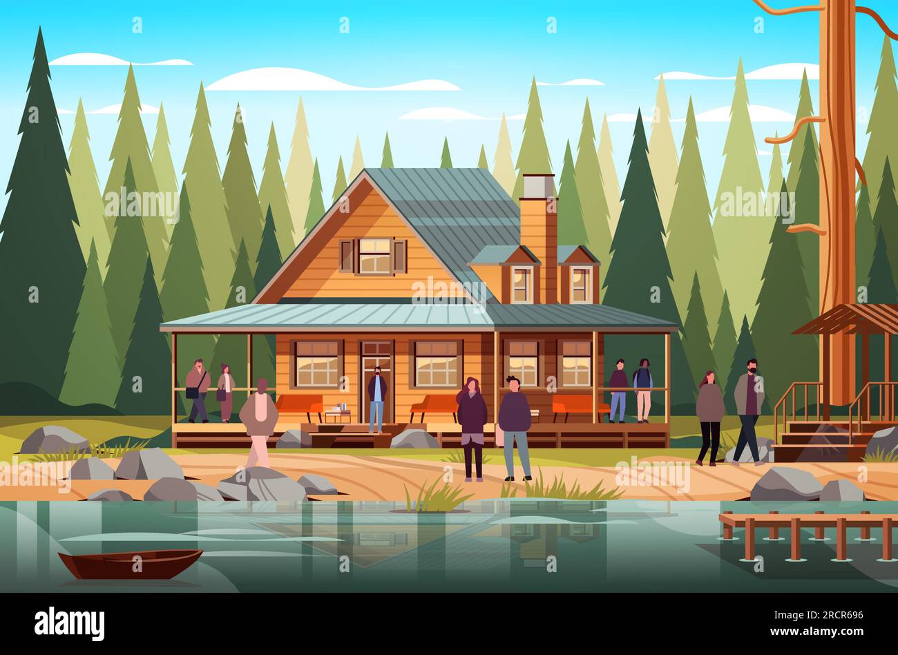 people resting near lake wooden holiday house in forest cottage among ...