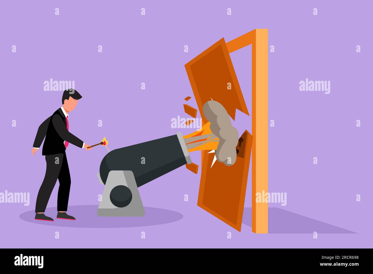 Graphic flat design drawing of businessman ignites cannon in front of ...