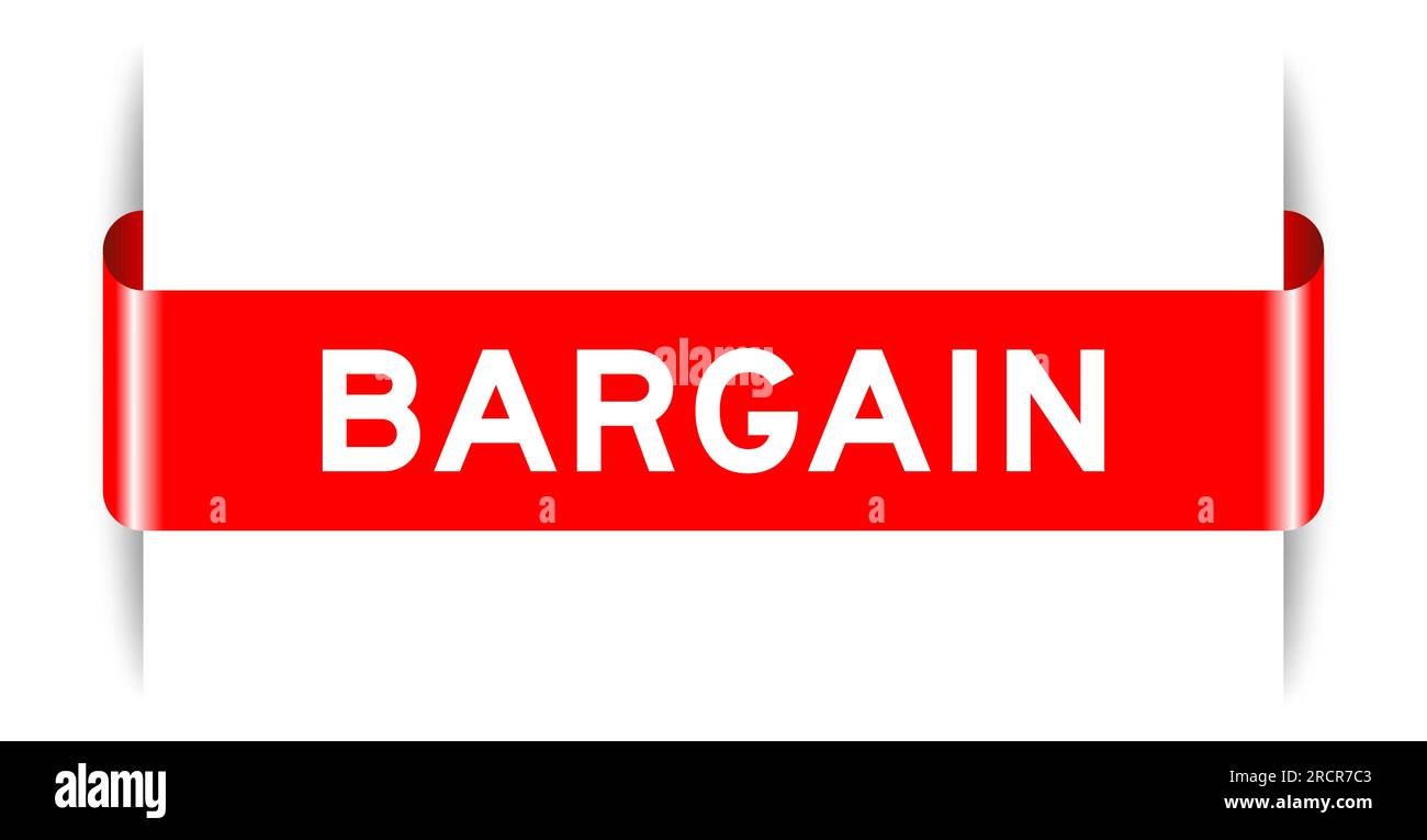 Red color inserted label banner with word bargain on white background ...