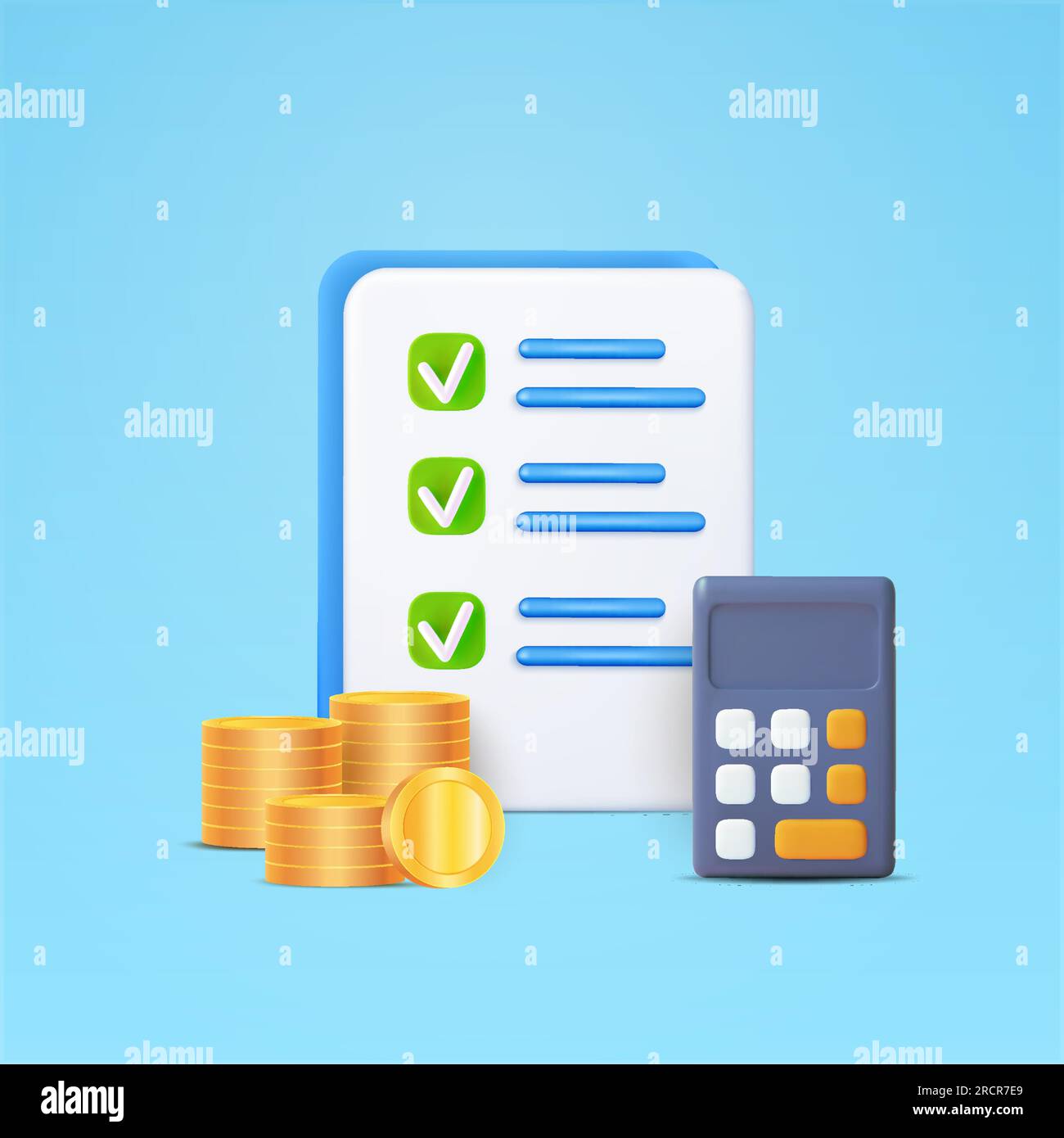3d document, sheet with checklist, checkbox, check mark, calculator ...