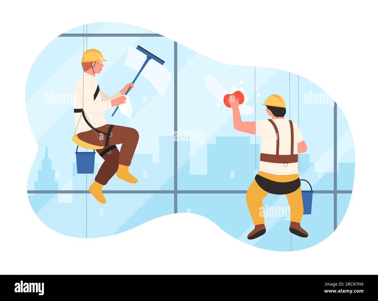 Industrial climbers clean windows of office building vector ...