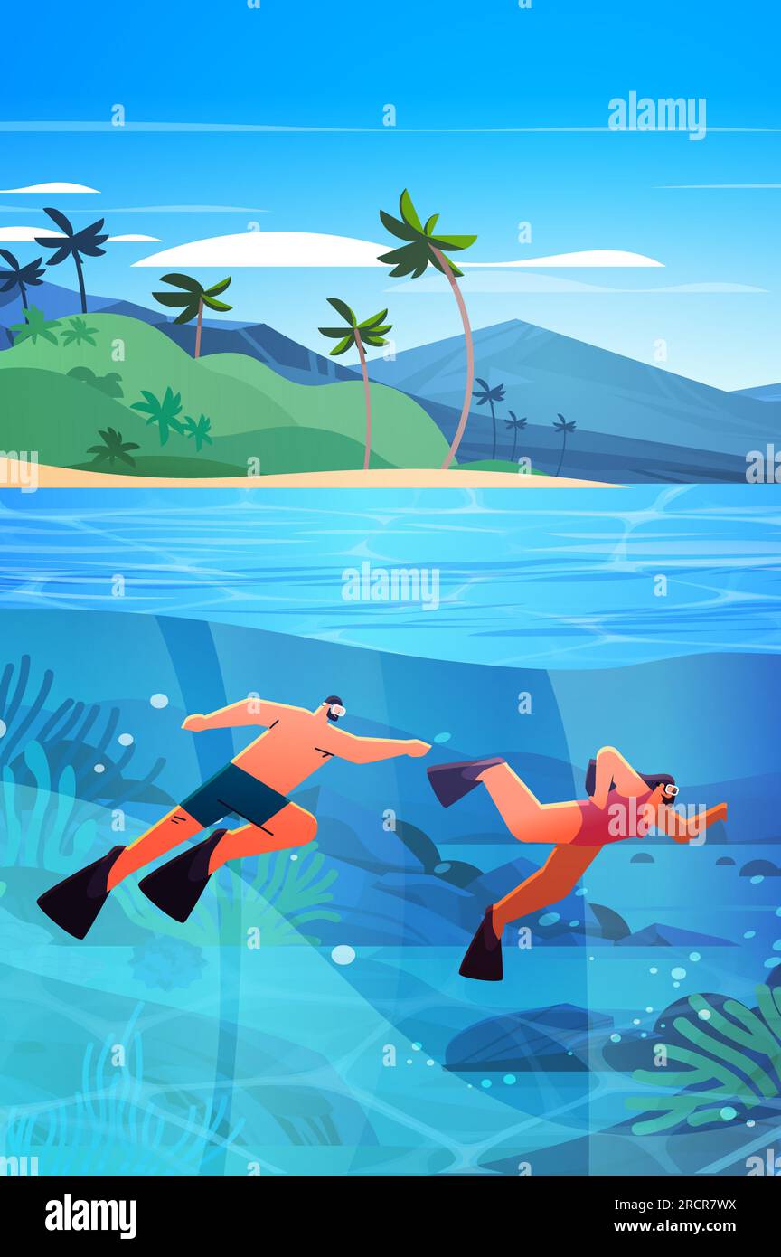 tourists swimming in sea or ocean and watching marine fauna with fish ...