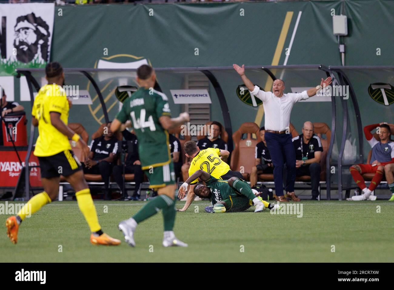 Portland, USA. 15th July, 2023. Timbers coach Giovanni Savarese reacts as Sean Zawadski takes ...