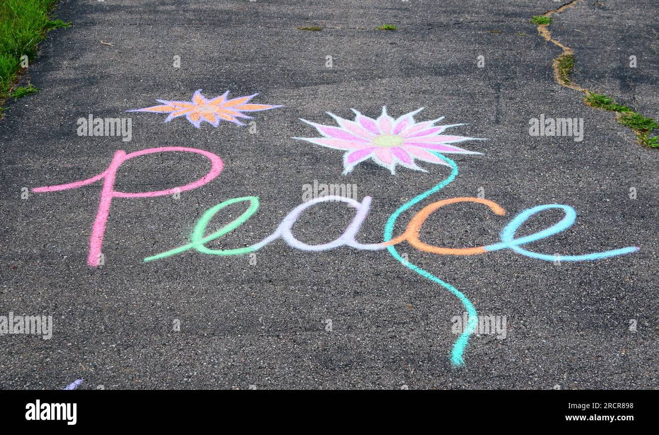 An inspiring chalk art message "Peace Stock Photo - Alamy
