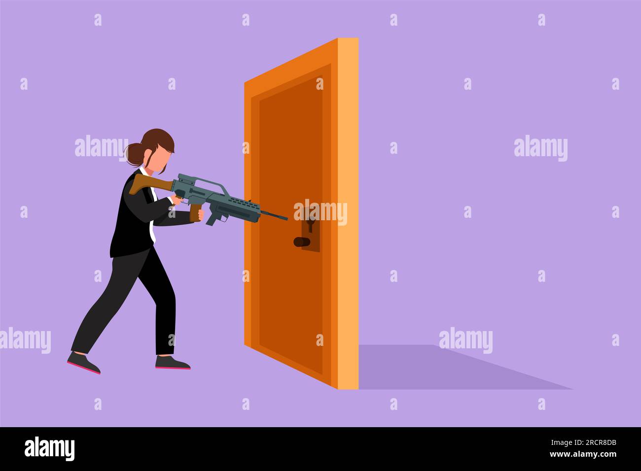 Cartoon flat style drawing businesswoman pointing shotgun at doorknob ...