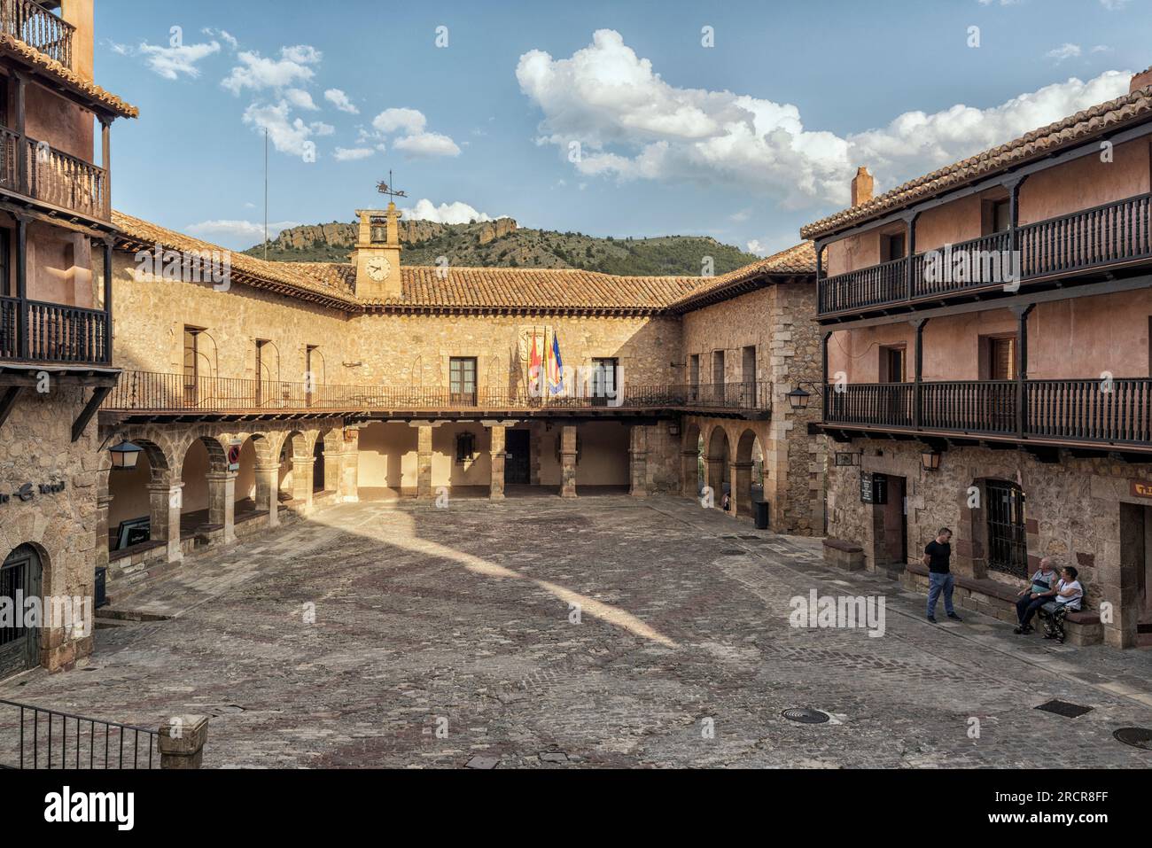 Albarracín cobbled main square, surrounded by medieval buildings such ...