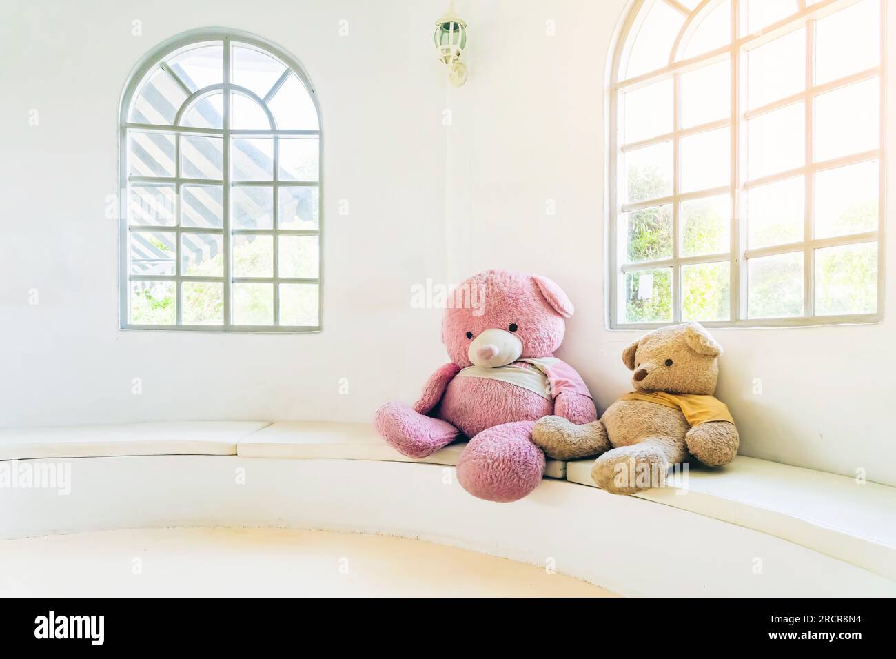 Two lovely cute pink and brown teddy bears sit on white sofa by the window in the living room ...