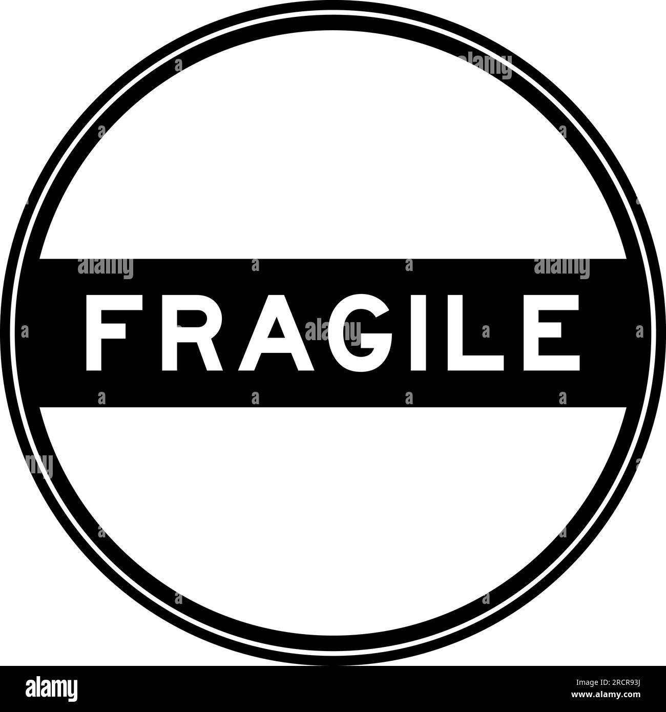 Black color round seal sticker in word fragile on white background ...