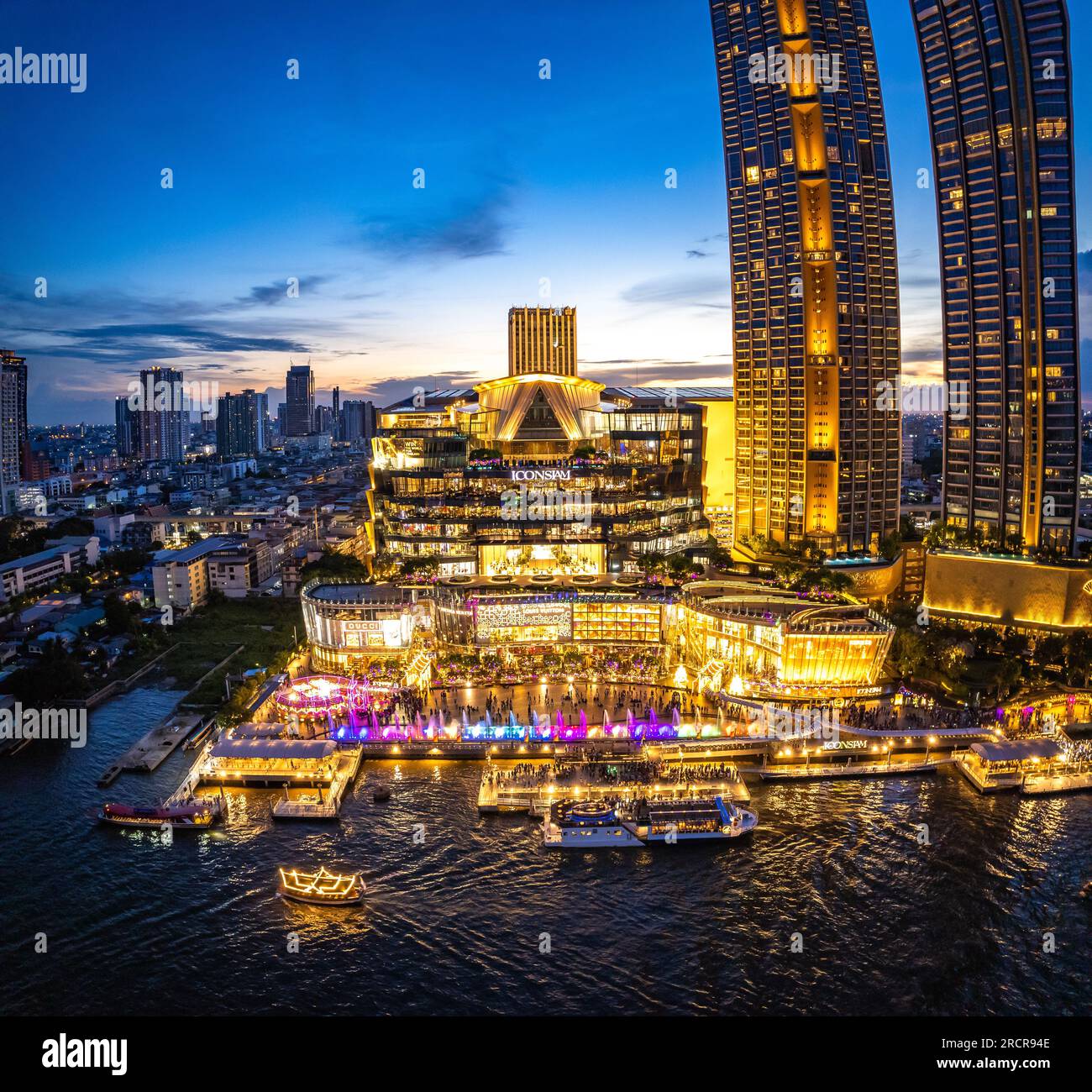 Aerial view of Icon Siam mall by night on the chao phraya river in ...