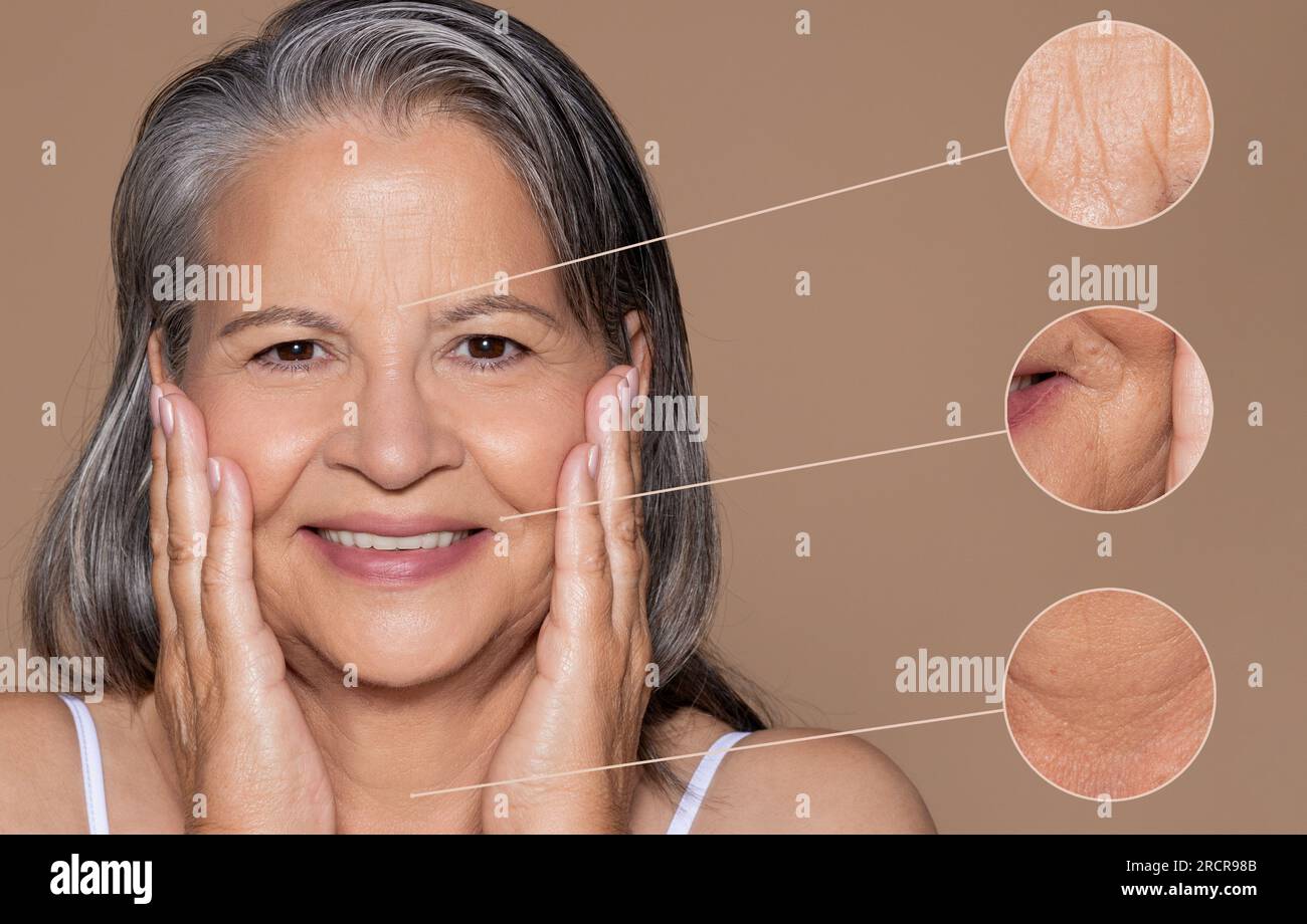 Cheerful old caucasian lady touches face with hands, close up of skin ...