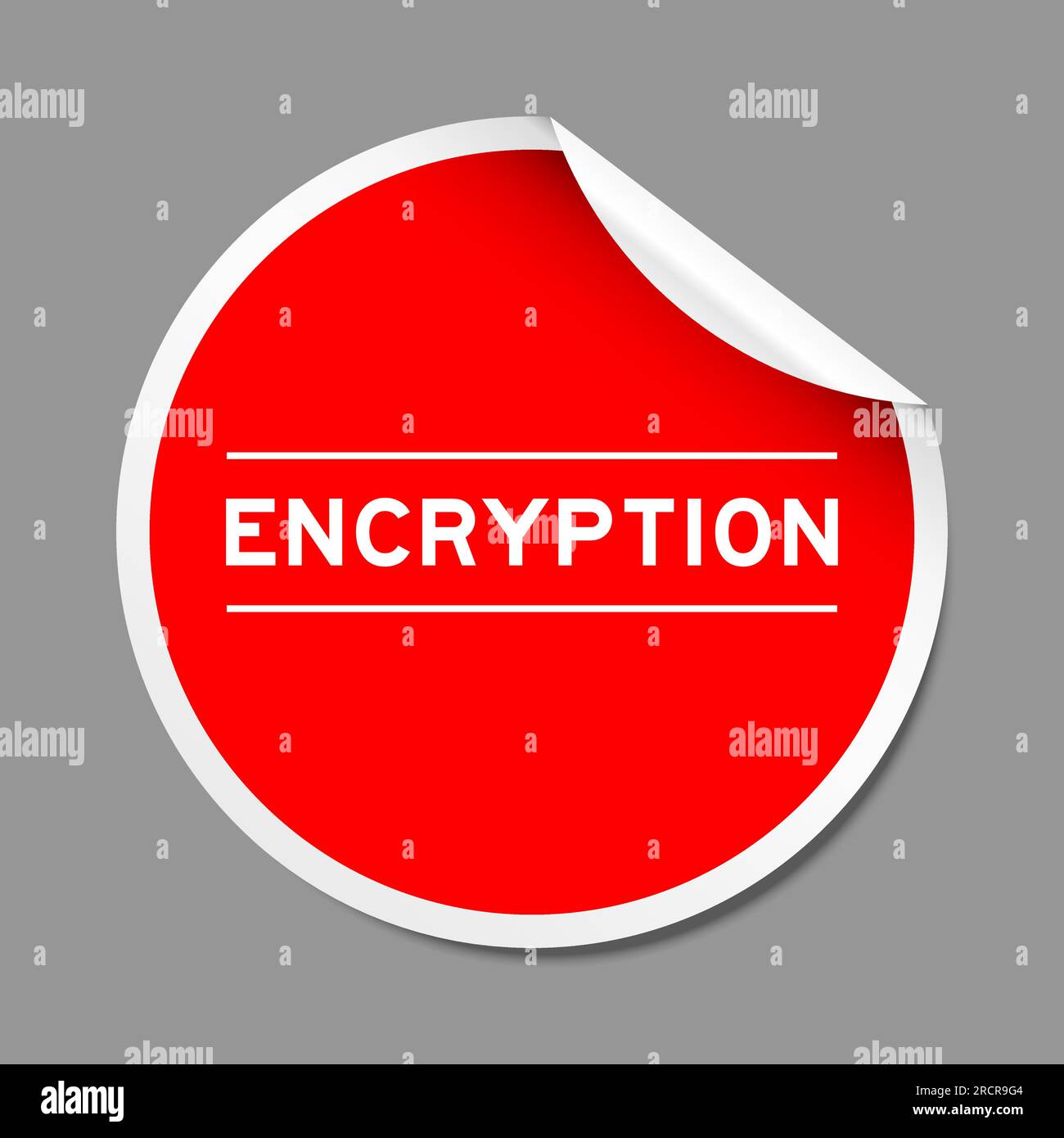Red color peel sticker label with word encryption on gray background ...