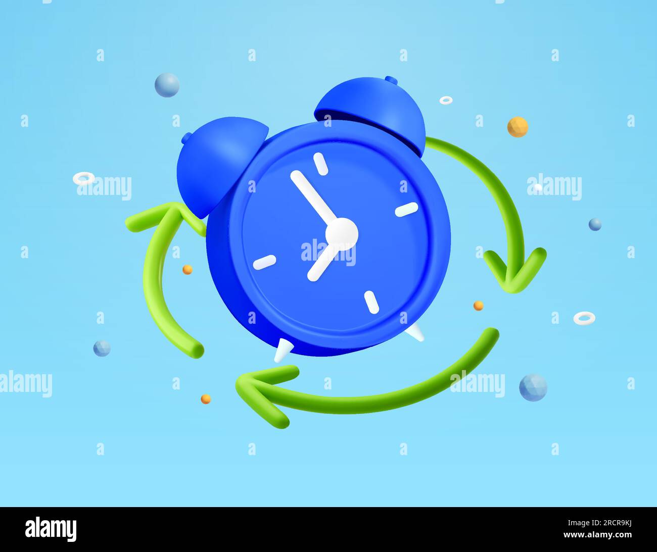 Blue alarm clock with green cycle arrow, isolated background. Circle ...