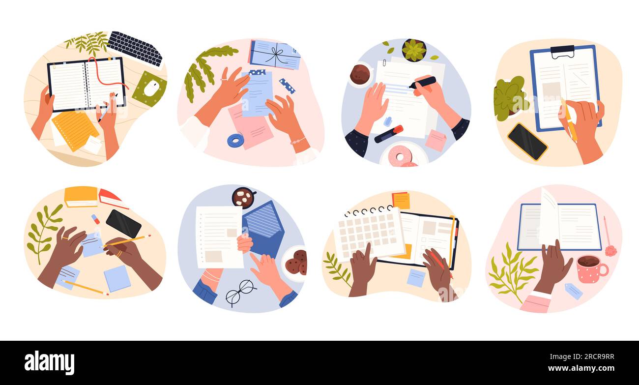 Hands of people writing and reading set vector illustration. Cartoon ...