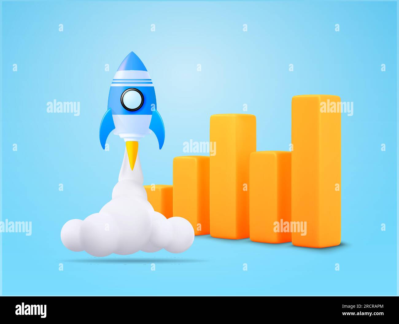 3d launching rocket with smoke, fire, growing bar or column chart ...