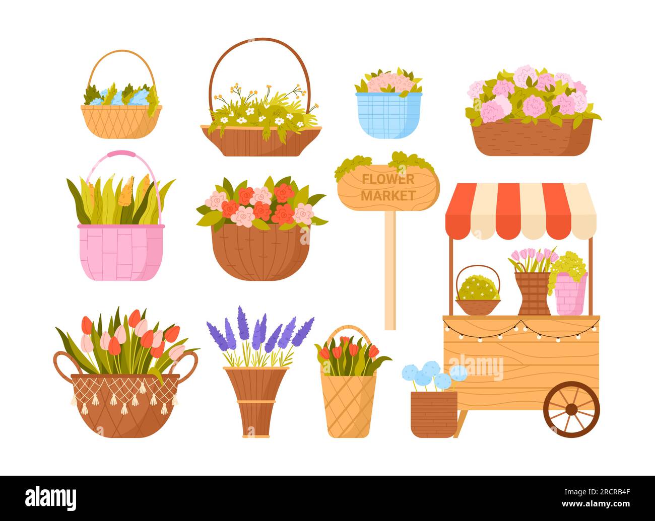 Flower market set vector illustration. Cartoon isolated buckets and ...