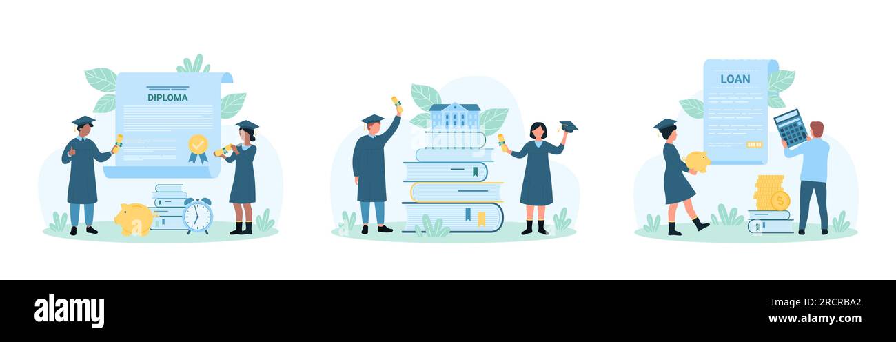 Graduation set vector illustration. Cartoon tiny graduates achieve end ...