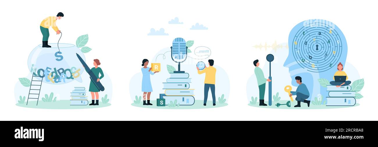 Difficulty in learning set vector illustration. Cartoon tiny people ...