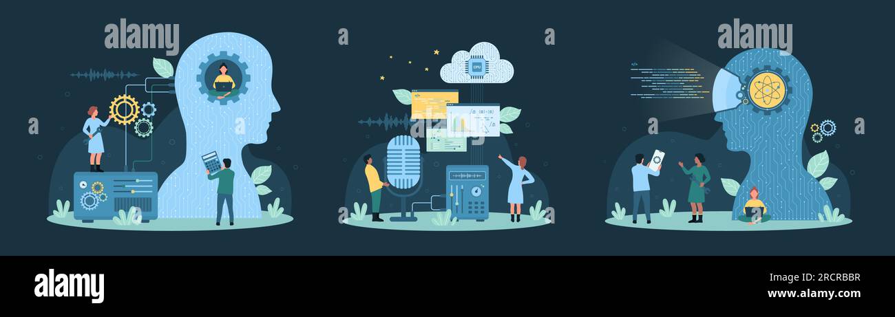 Cartoon tiny people work with computers, brain with artificial ...