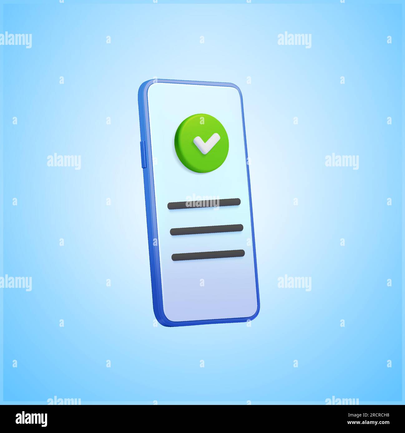 3d smartphone with green check mark, tick, text lines, minimal style ...