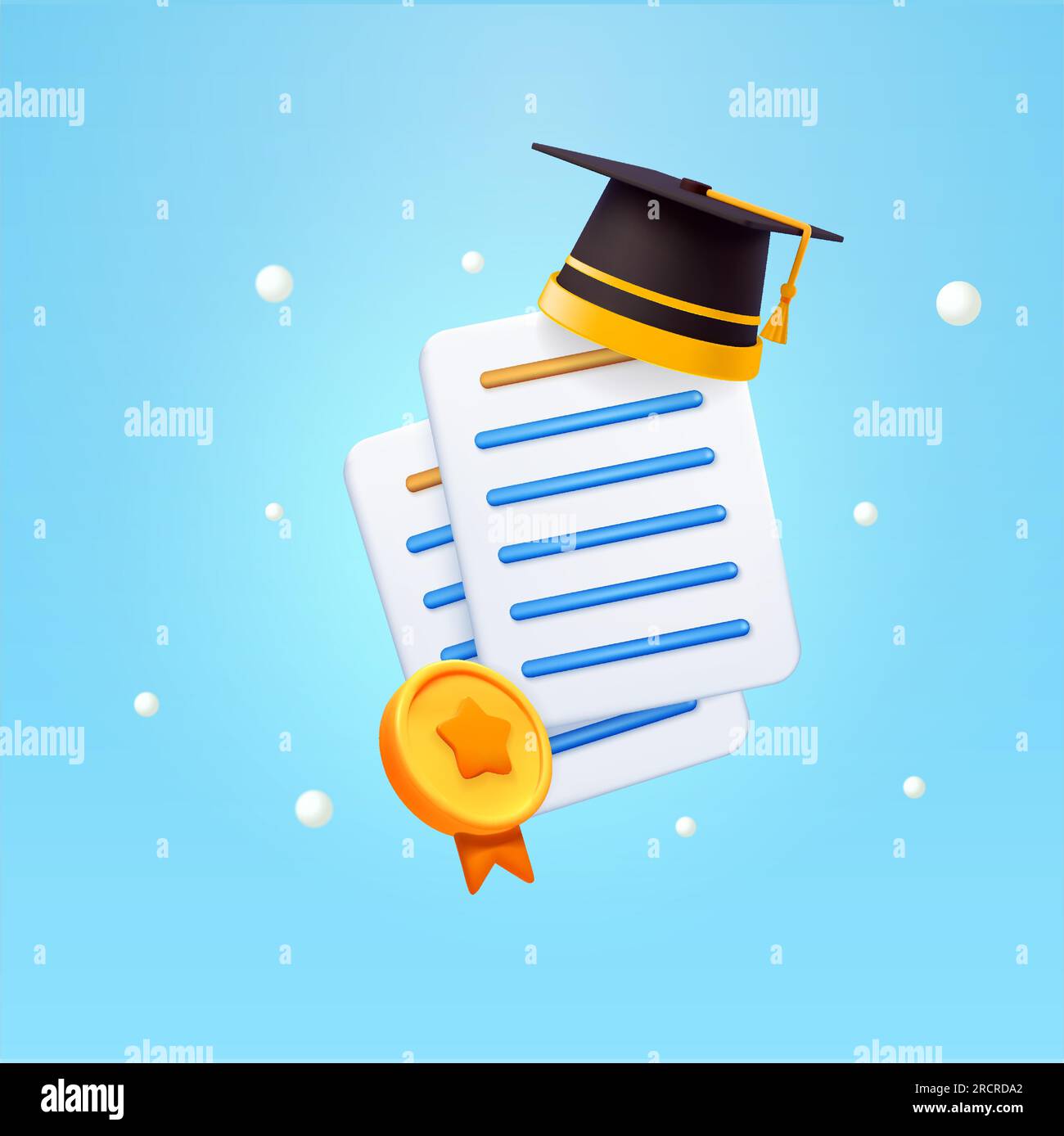 3d graduation cap or hat and documents, medal, isolated on background ...