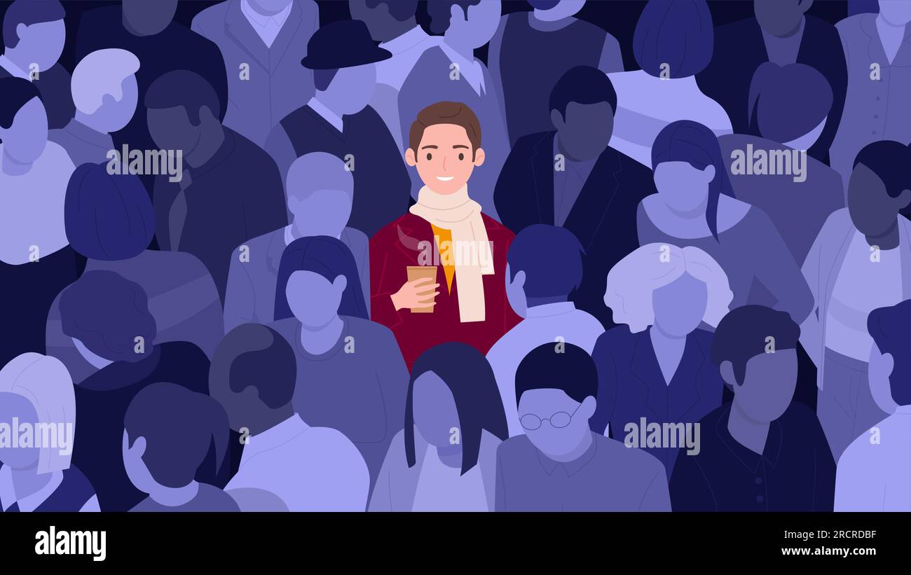 Happy man in crowd, optimism, psychology and mental health concept ...