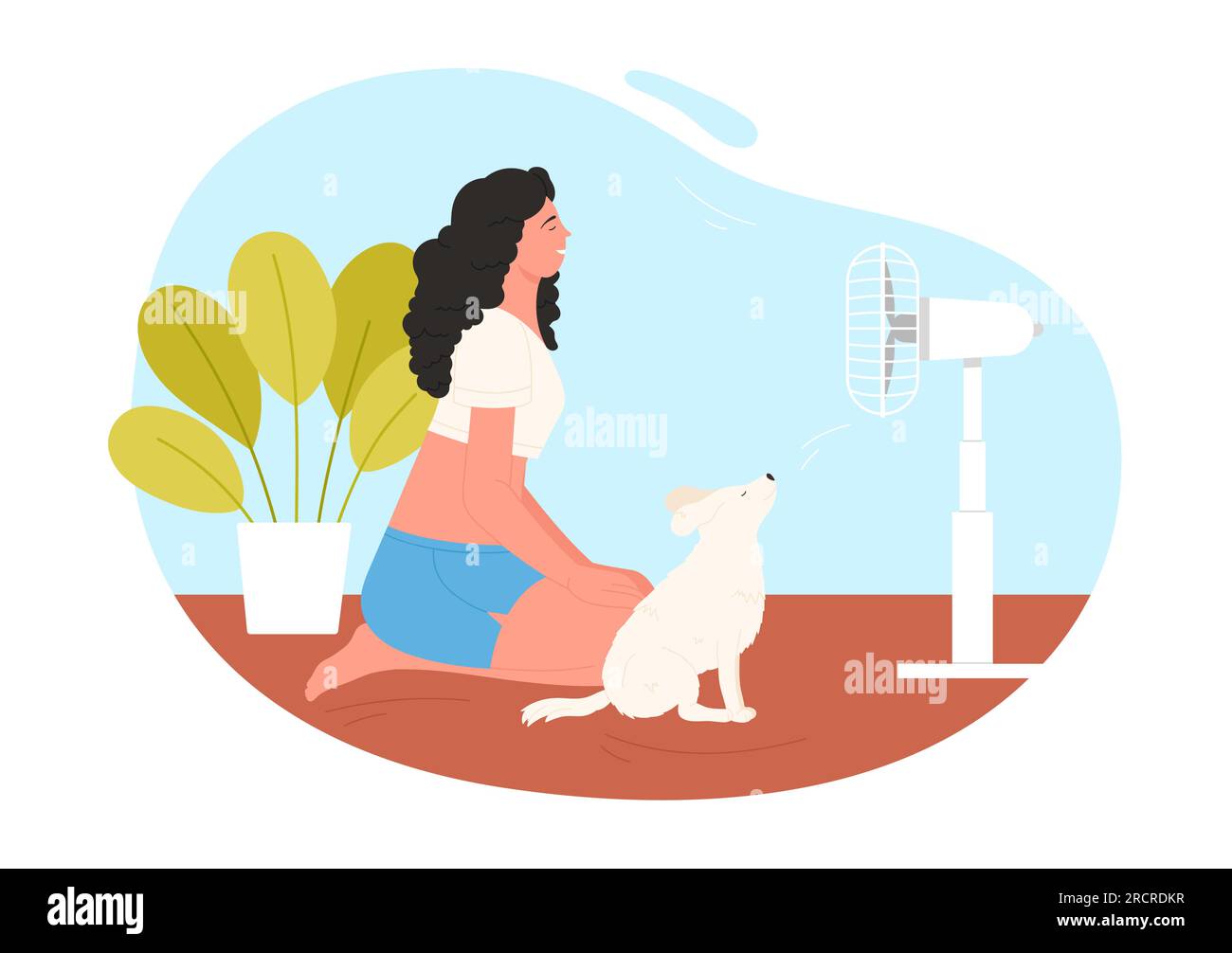 Cartoon isolated hot summer scene with woman. Happy girl cooling at ...