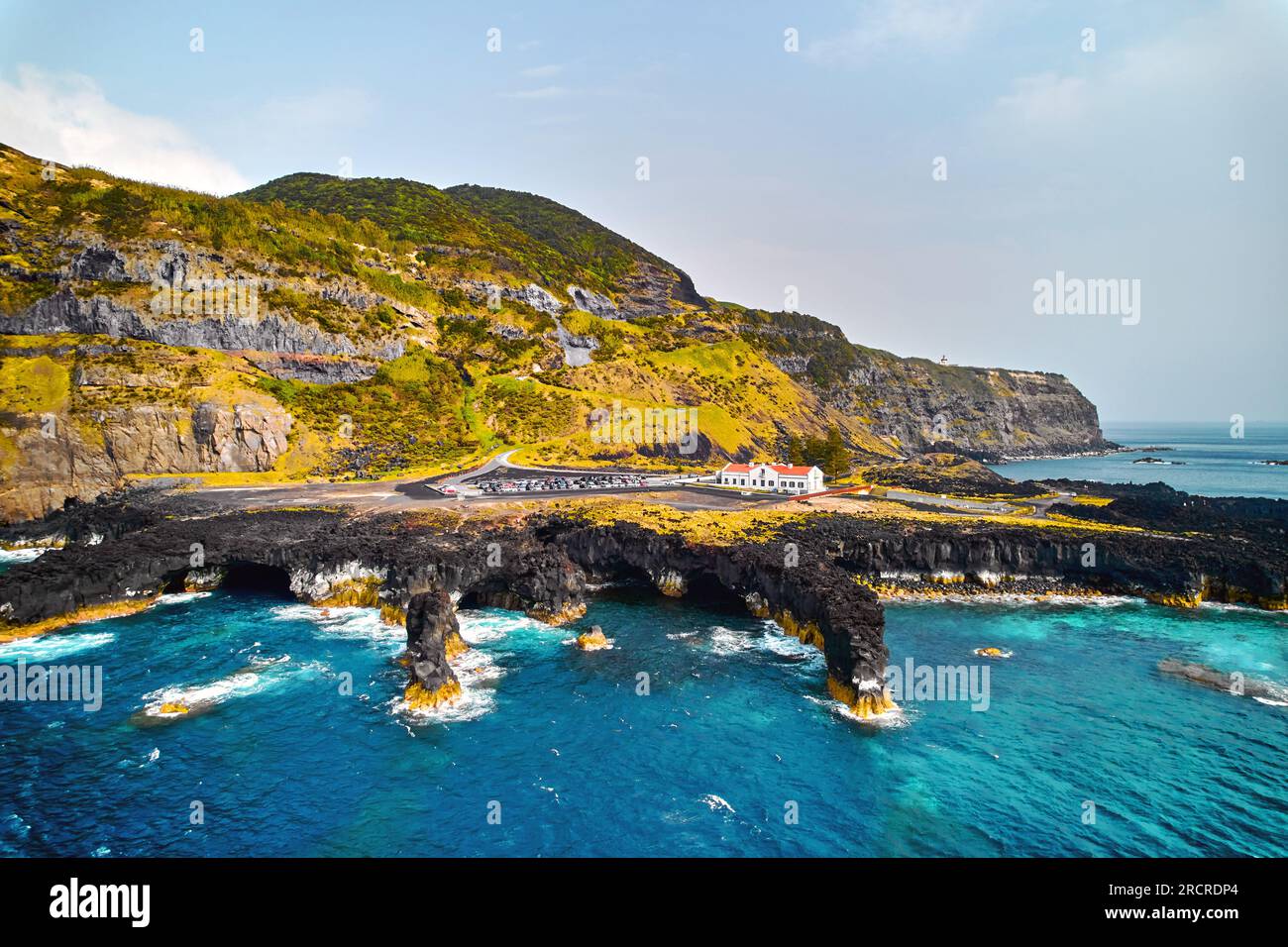 Aerial shot, drone point of view picturesque nature of Azores, volcanic ...