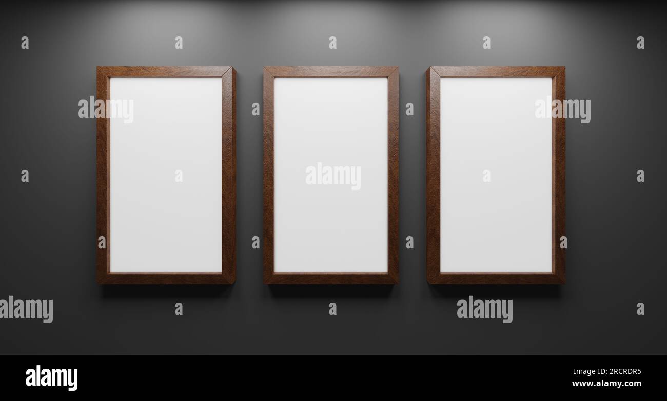 Three golden rectangle frames isolated on black background. 3D render ...