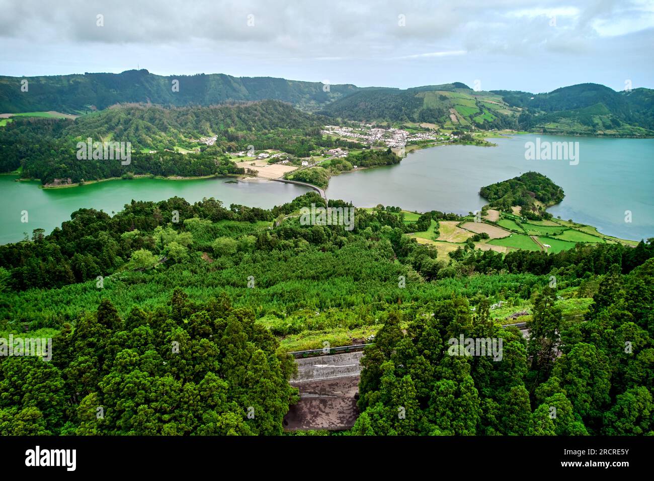 Aerial shot picturesque paradise of Sete Cidades in Azores, Sao Miguel ...