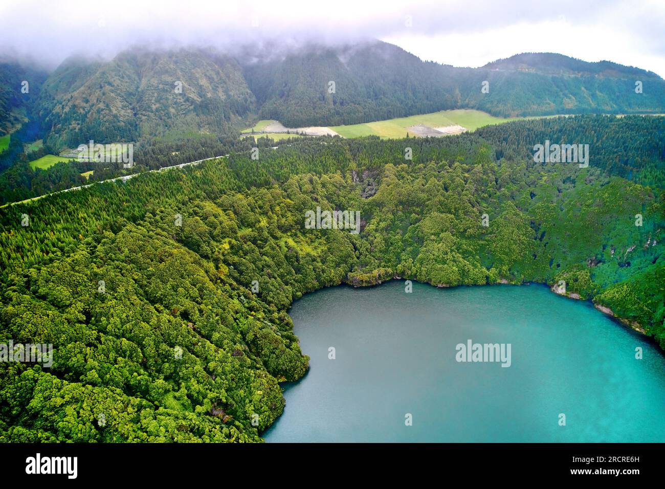 Aerial shot picturesque paradise of Sete Cidades in Azores, Sao Miguel ...