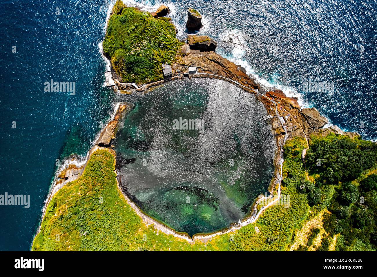 Aerial shot, drone point of view of picturesque Islet of Vila Franca do ...