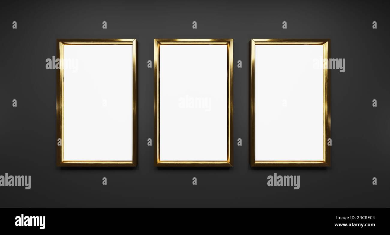 Three golden rectangle frames isolated on black background. 3D render ...