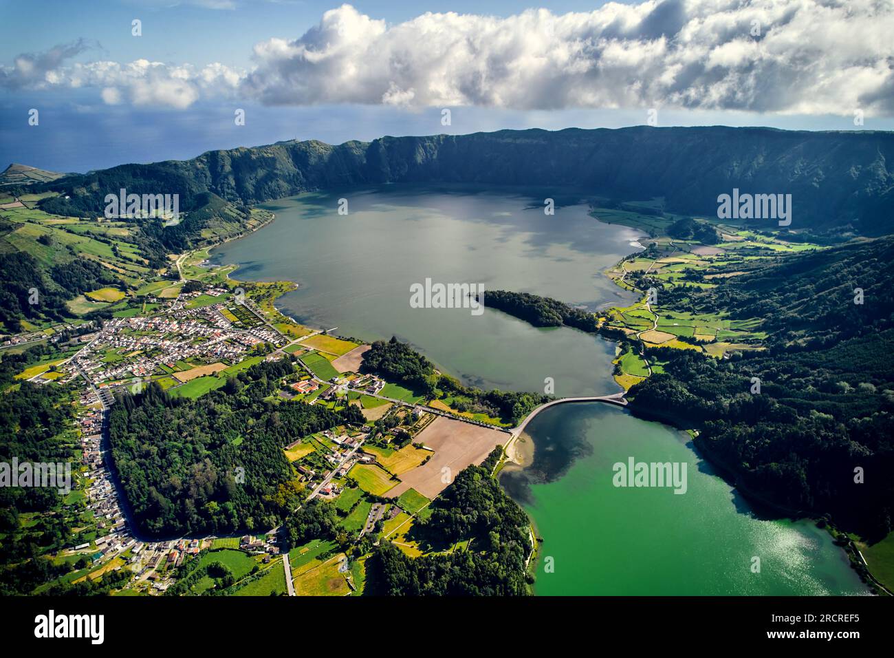 Aerial shot picturesque paradise of Sete Cidades in Azores, Sao Miguel ...