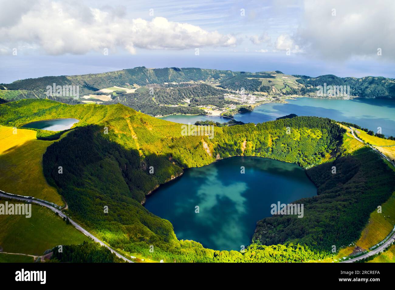 Aerial shot, drone point of view, Boca do Inferno. Picturesque lakes in ...