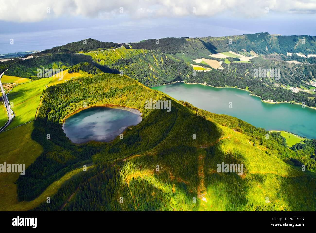 Aerial shot, drone point of view, Boca do Inferno. Picturesque lakes in ...