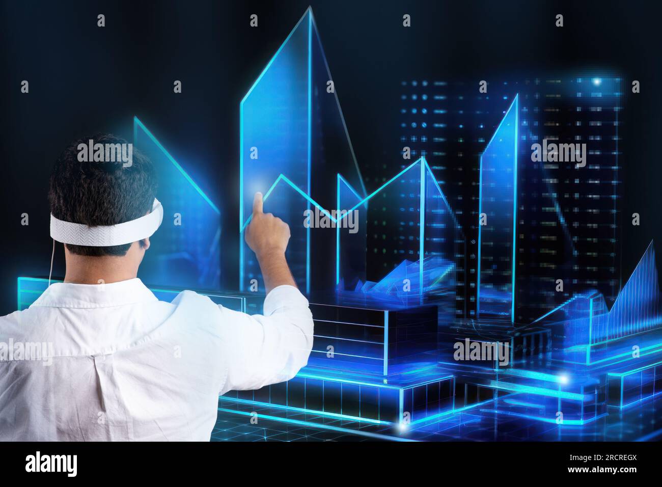 Touch to future. Businessman in vision pro vr headset touching glowing ...