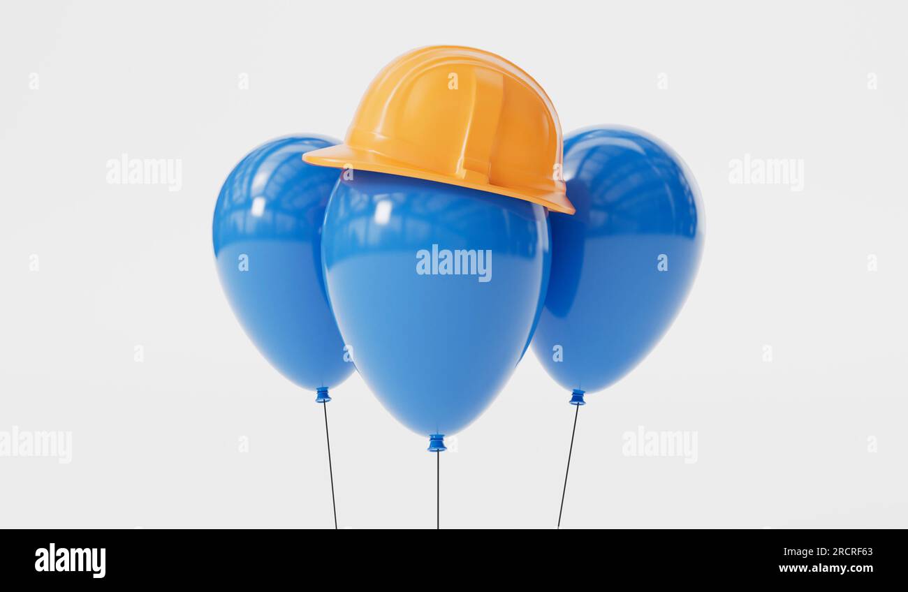 Celebration party balloon wearing a yellow construction hard hat. labor ...