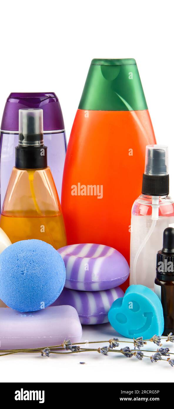 Soap, shampoo, lavender flowers and other hygiene products isolated on ...