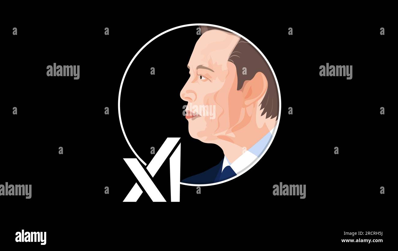 2023 Elon Musk portrait and xAI logo. Elon Musk created an artificial intelligence company Stock ...