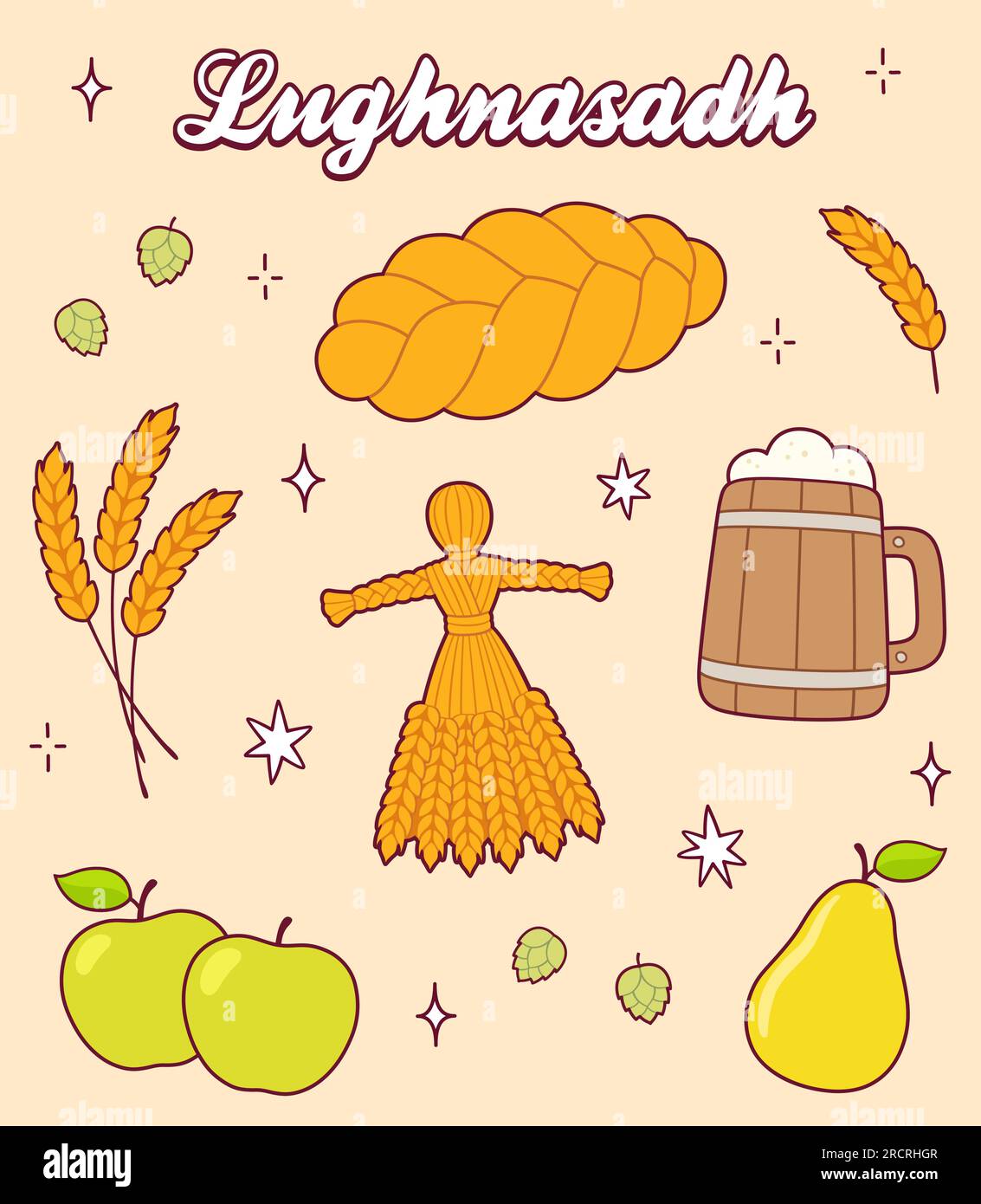 Lughnasadh (Lammas) traditional harvest festival celebration doodle set ...