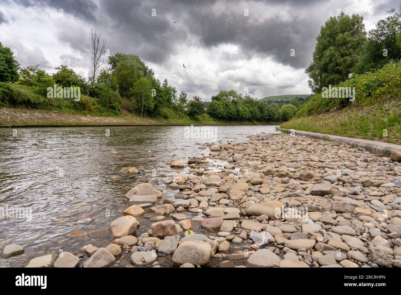 Low water level on the River Taff at Treforest, South Wales, after a ...