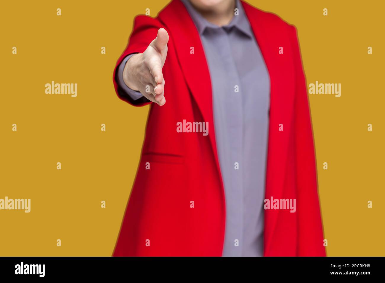 Closeup portrait of unknown woman standing with outstretched hand ...