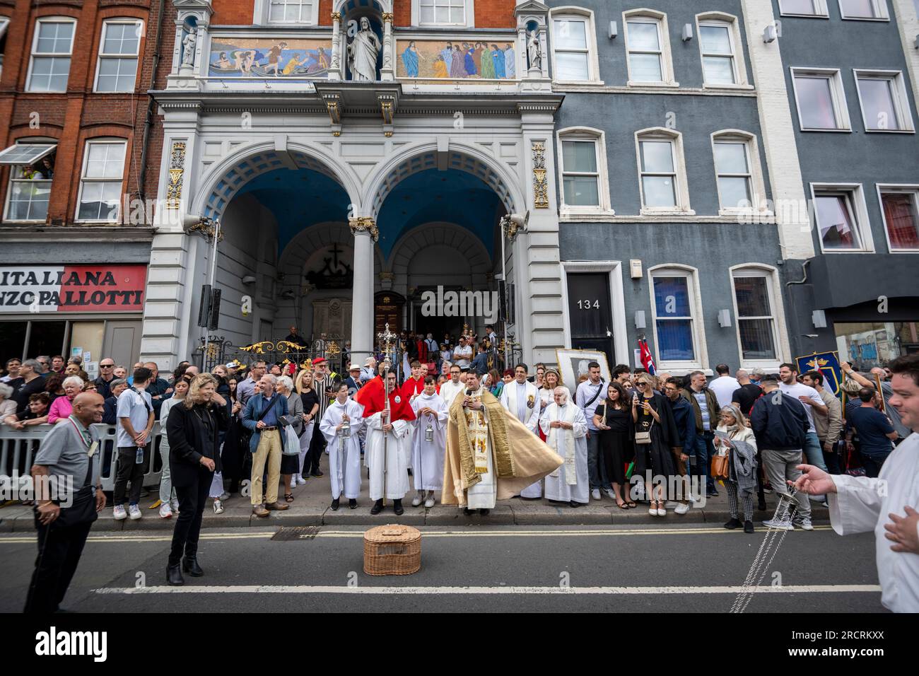 London, UK. 16 July 2023. Priests and clergy outside St Peter's Italian ...