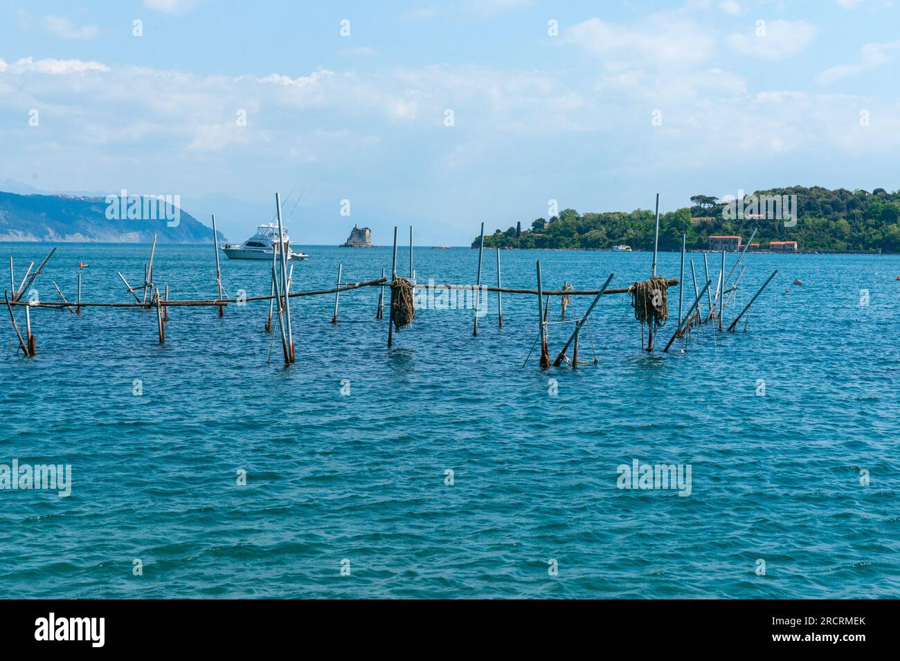 Scenic bay in Portovenere with stick structure of traditional mussel ...